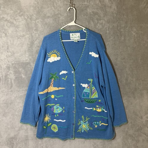 Quacker Factory Cardigan 1X Blue Button Sweater Nautical Embroidered ...