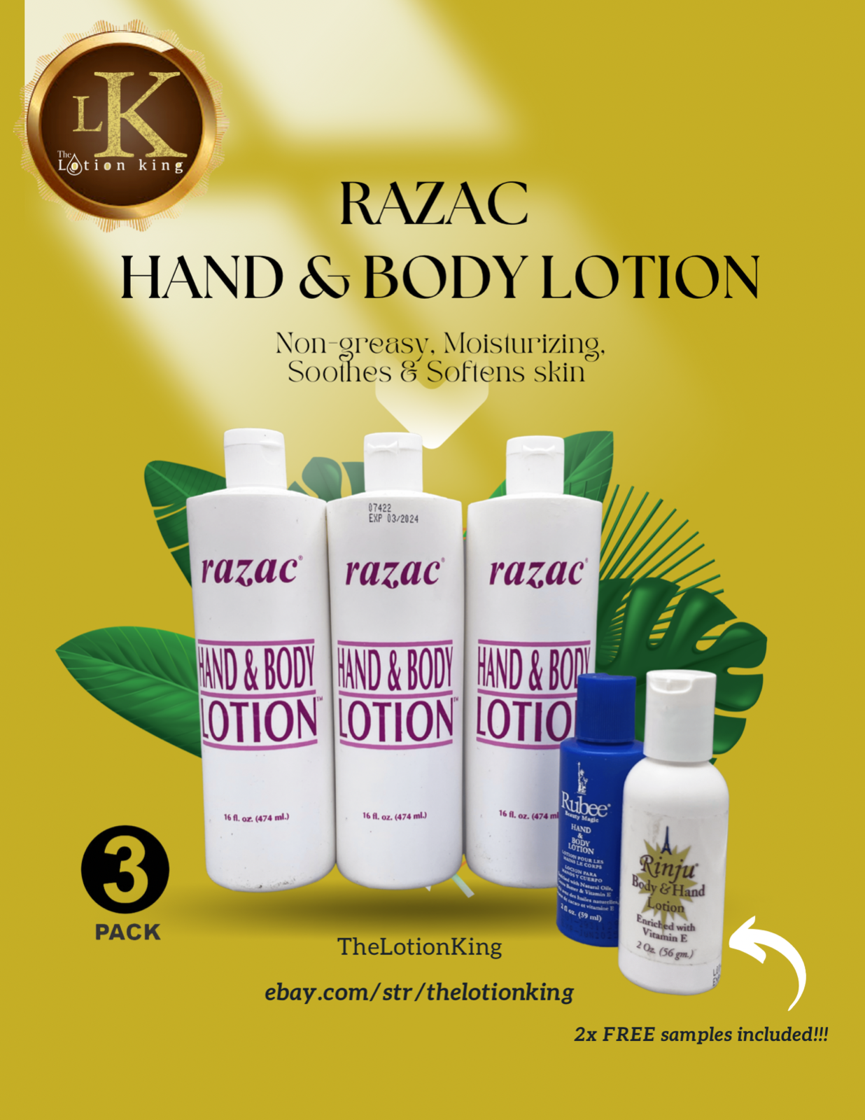 Razac Hand & Body Lotion 3-Pack – 16oz Bottles for Dry Skin Relief ...