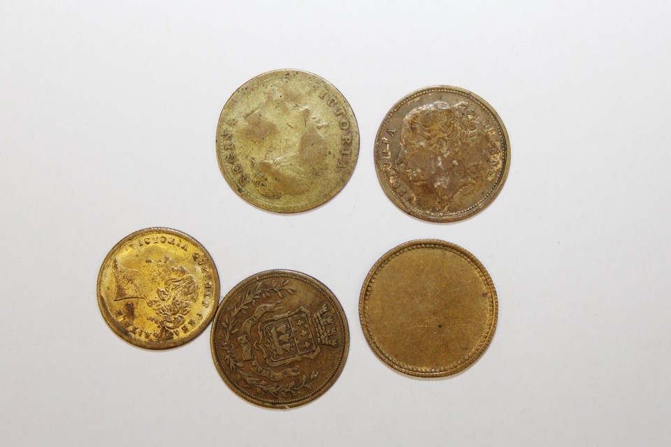 19th Century Collection of 5 Victorian Brass Tokens Fine or Better ...