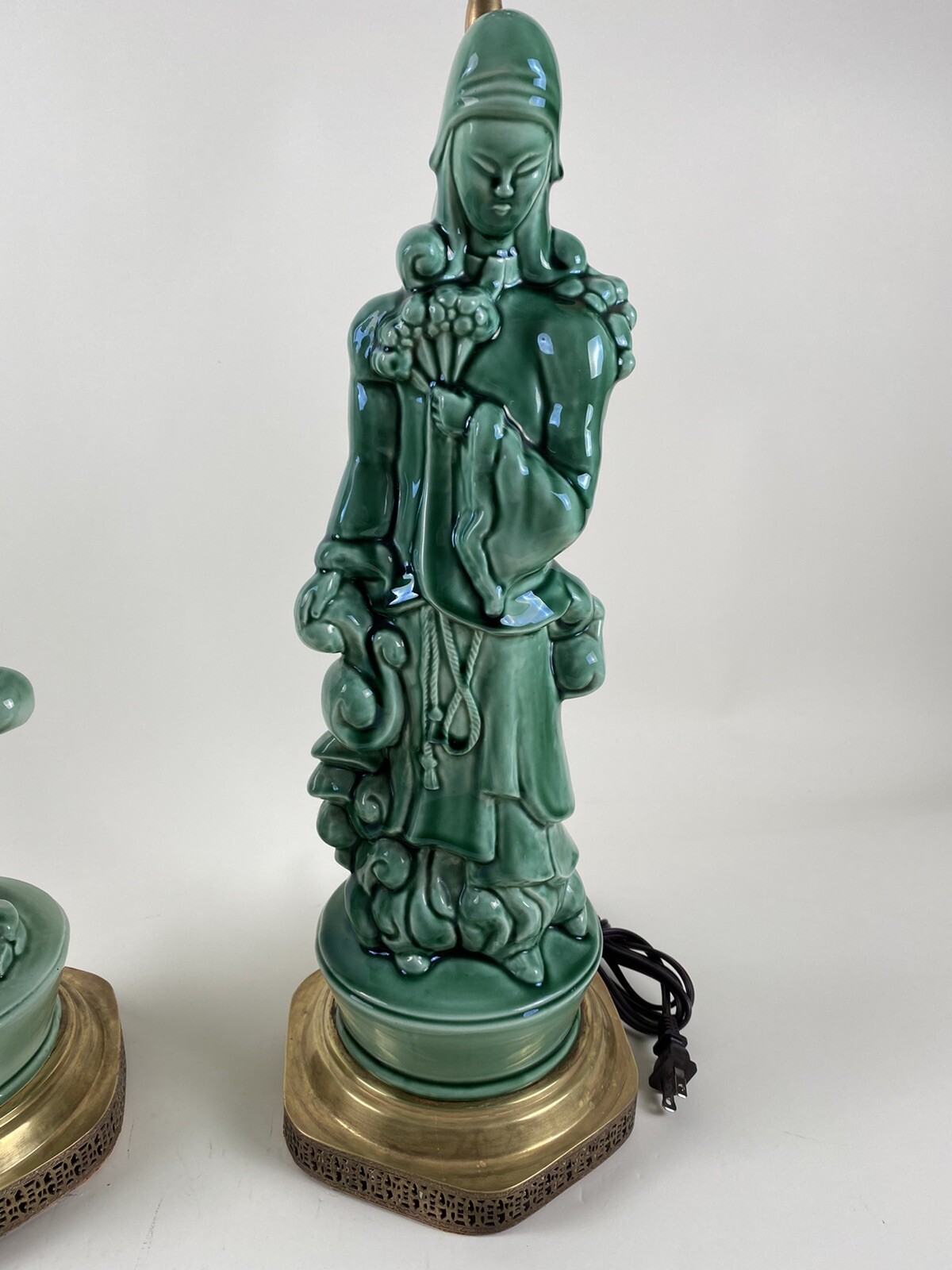 Pair 1950s Asian Figurine Lamps Green Emperor Empress Ceramic Oriental ...