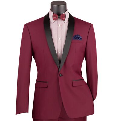 VINCI Men's Burgundy Shawl Collar One Button Slim Fit Formal Tuxedo ...