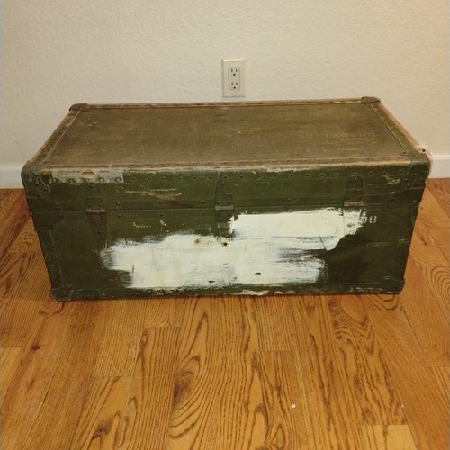 Vintage Military FOOT LOCKER w Tray Wood Trunk chest storage green box ...