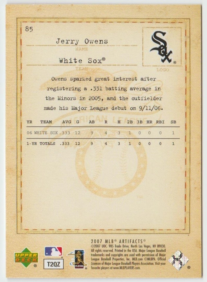 2007 Artifacts Baseball #85 Jerry Owens RC - Chicago White Sox | eBay