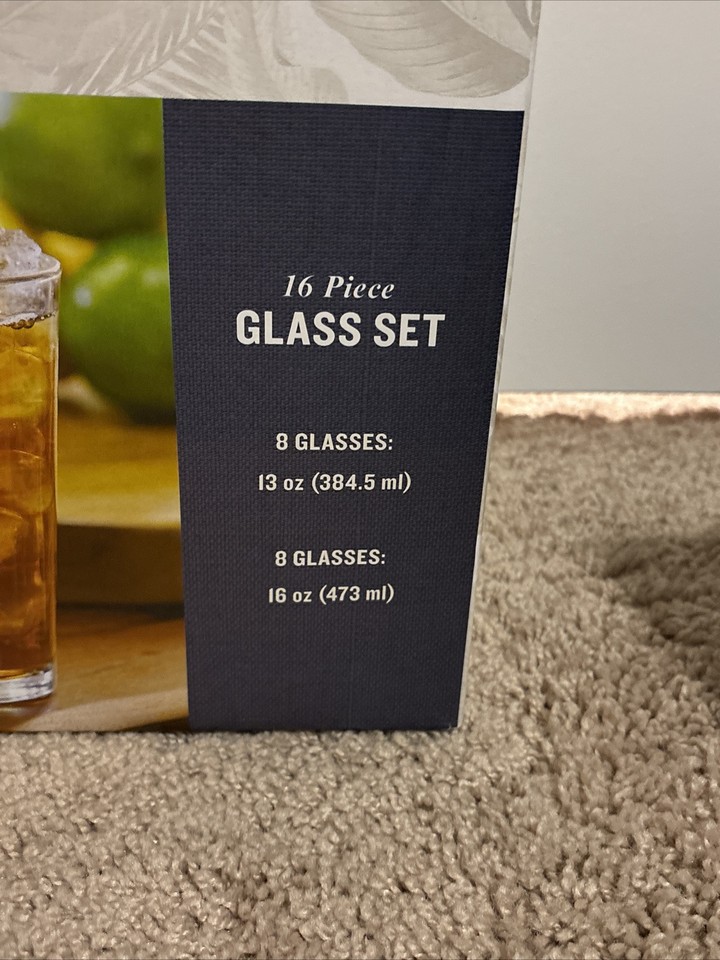 Tommy Bahama Drinking Glass Set 16 pcs: 8 13 oz glasses, 8 16 oz ...