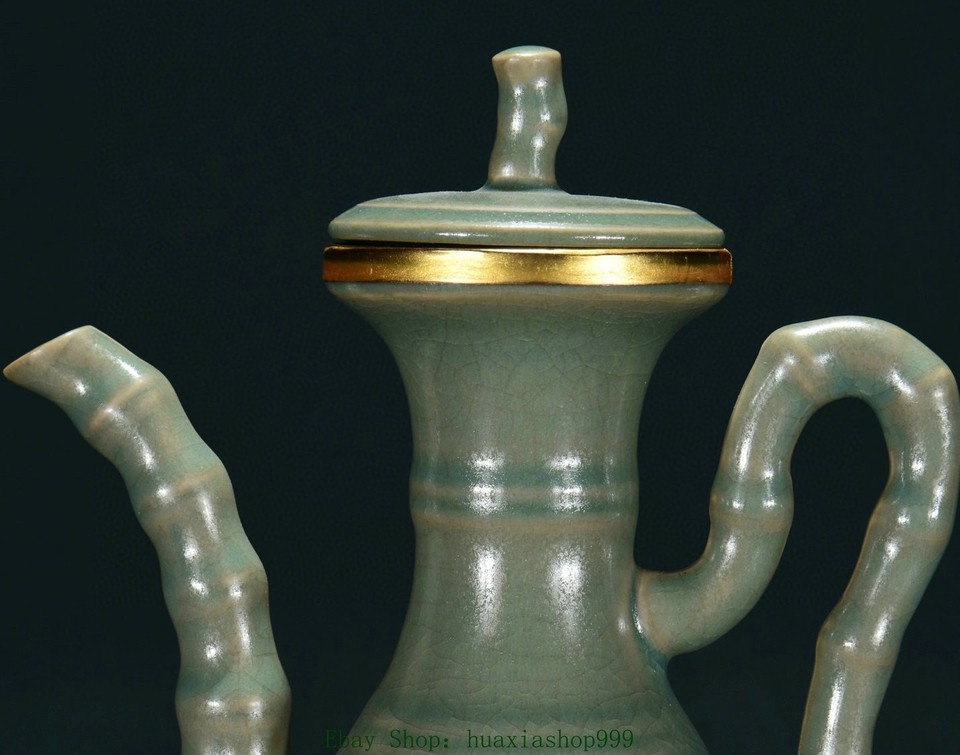 7.8"Old Dynasty Ru Kiln Porcelain Gilt Bamboo Ear Teapot Wine Tea Pot ...
