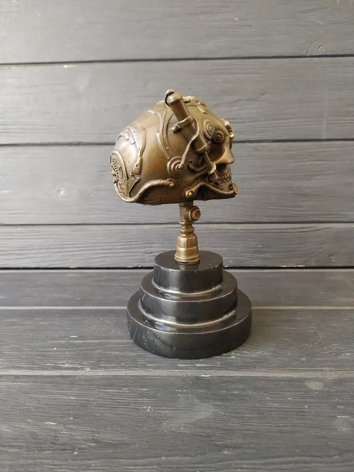 Bronze Skull Sculpture Statue Marble STEAMPUNK Bust Skeleton Decor Art ...