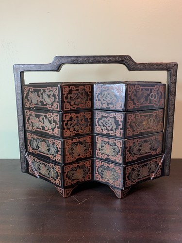 Antique Vintage Chinese Black Red Lacquered Stacking Wedding Dowry Box ...