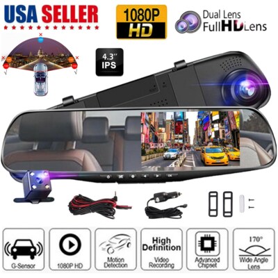 1080P HD Rearview Mirror Car DVR Dual Dash Cam Camera Front Rear Video ...