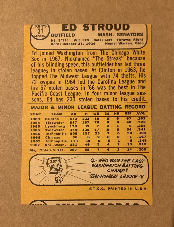 1968 Ed Stroud # 31 Washington Senators Topps Baseball Card Miscut ...