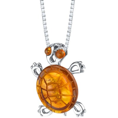 Genuine Baltic Amber Gemstone Turtle Pendant Necklace in Sterling ...