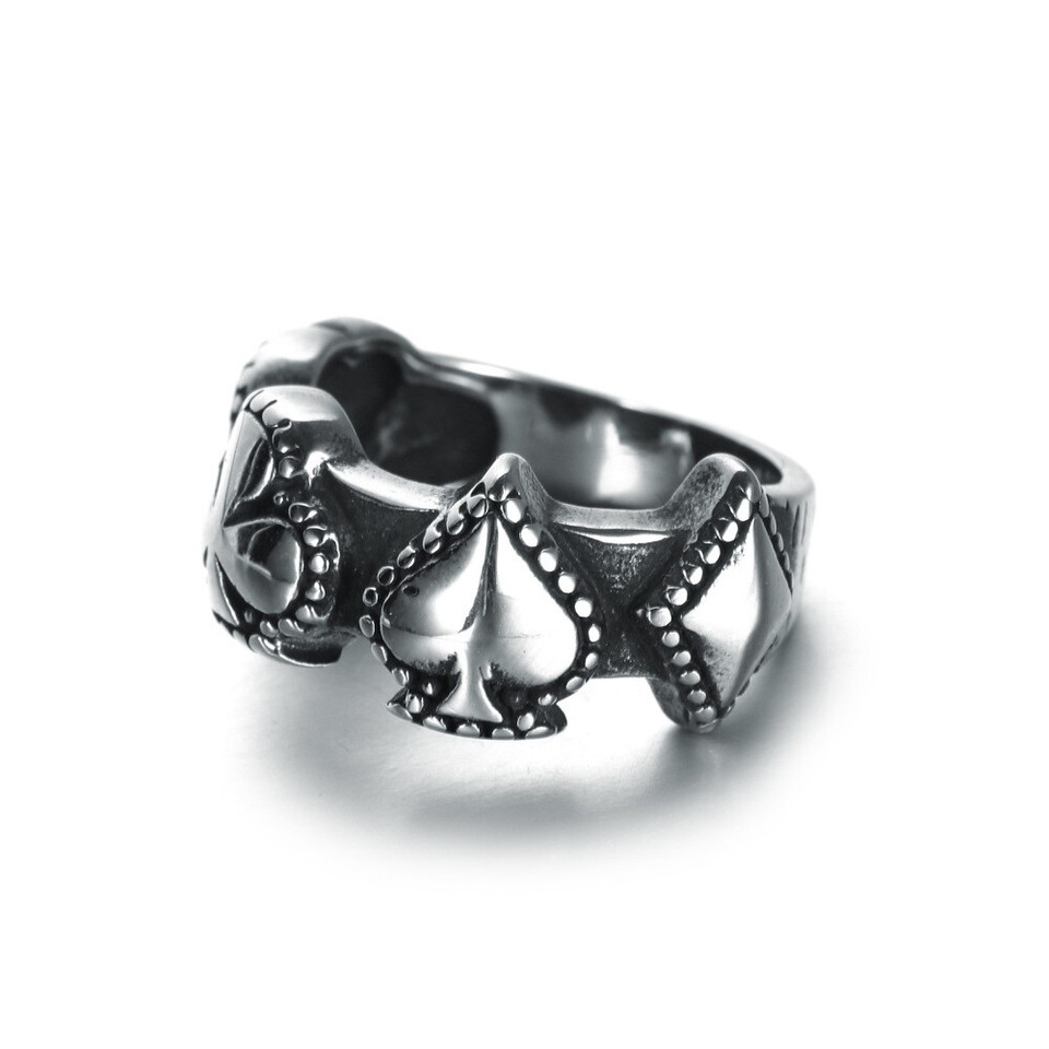 Poker Card Pattern Heart Club Diamond Spade Ring Stainless Steel Biker ...