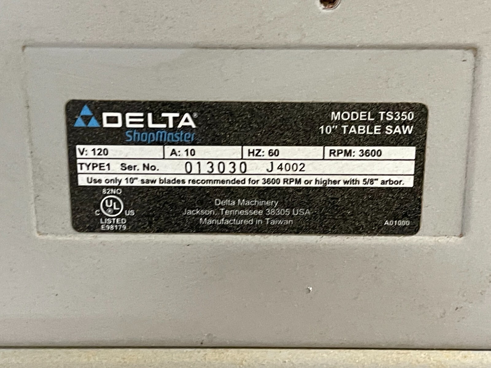 DELTA SHOPMASTER 10" TABLE SAW TS350 RPM 3600 HZ 60 V120 | eBay