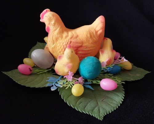 Vintage MCM Flocked Plastic EASTER Centerpiece with Hen, Chicks, Eggs ...