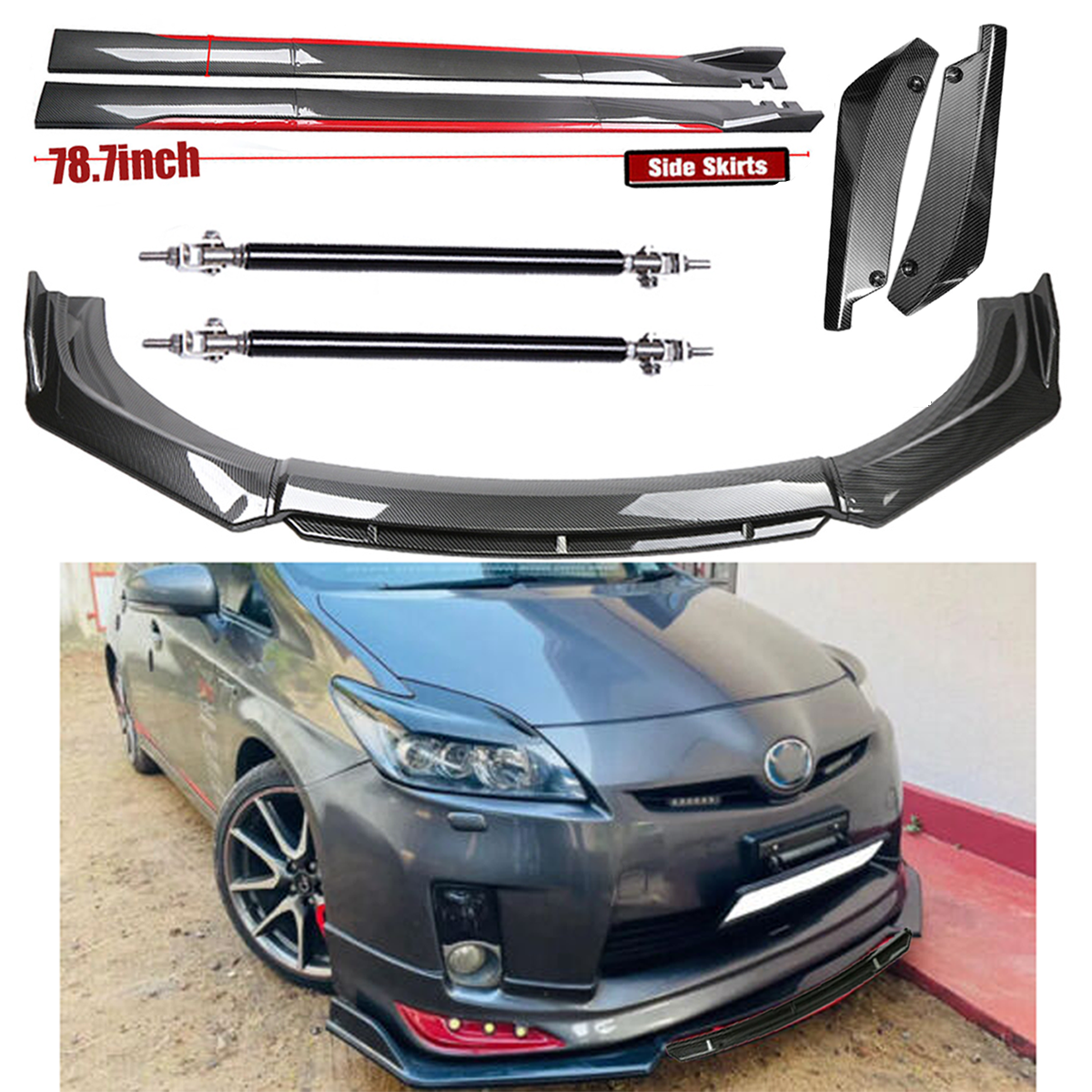Front Rear Bumper Lip+78.7"Side Skirt Extension For Toyota Prius Body ...