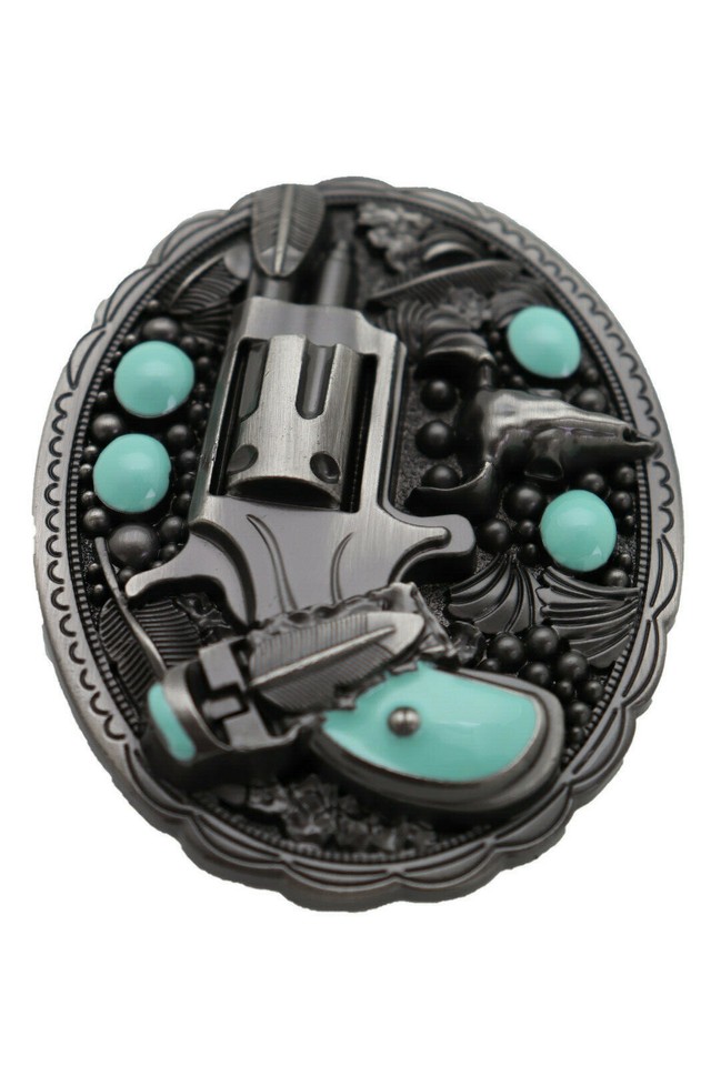 Men Western Buckle Silver Metal Revolver Pistol Gun Feather Bull ...