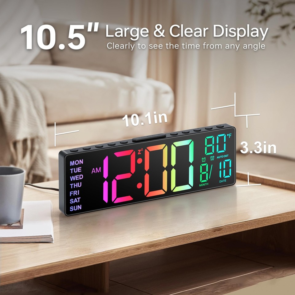 JALL 10.5'' Digital Large Alarm Clock with 8-in-1 RGB Colors, Date ...