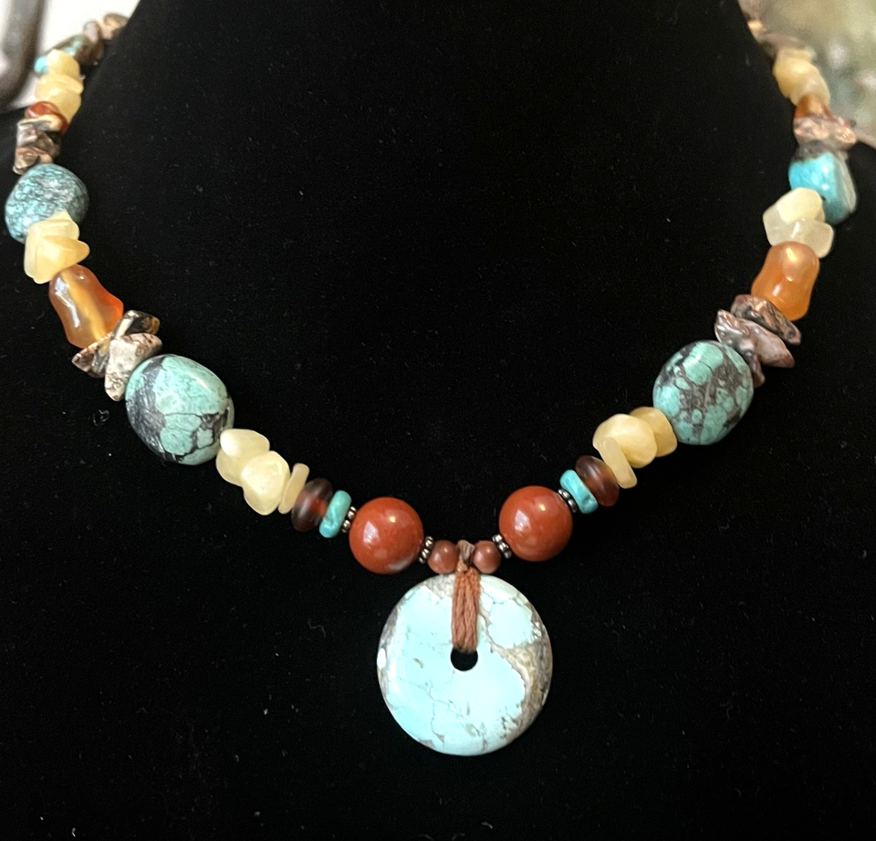 Sterling 925 Turquoise Disc Carnelian Quartz Beaded Pendant Necklace 18 ...