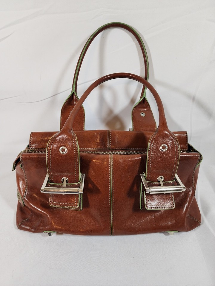 Maxx New York Handbag Buttery Brown Leather Green Accents Boho MCM ...