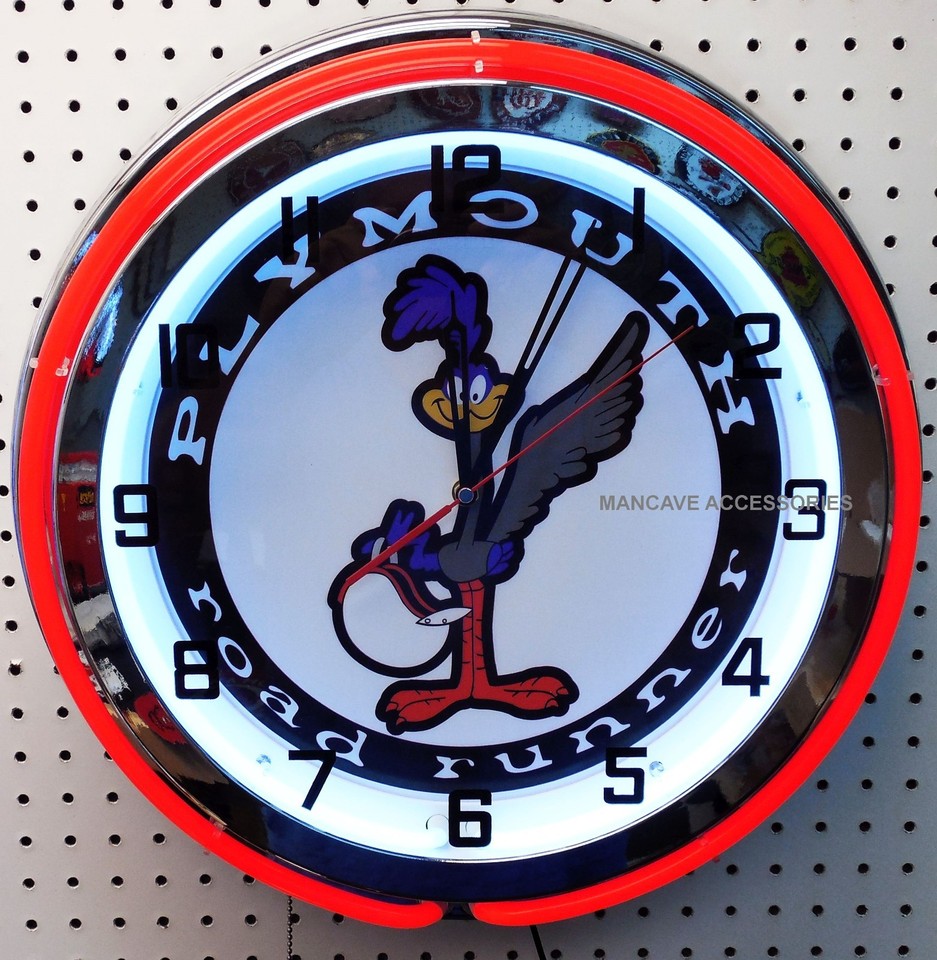 18" Plymouth Road Runner Sign Double Neon Clock Mopar Roadrunner | eBay
