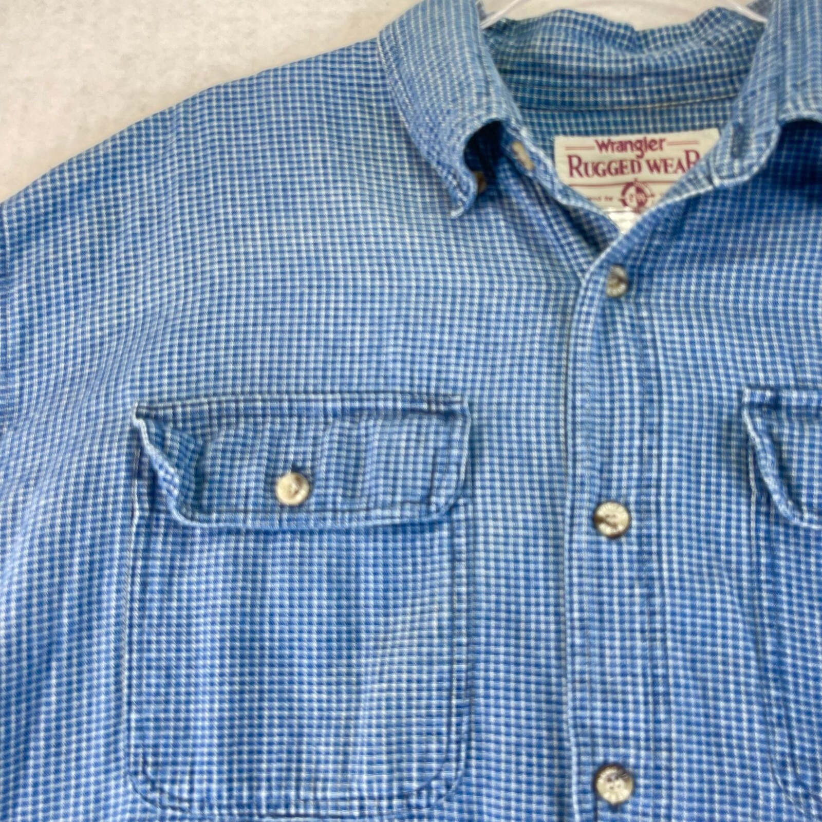 Vintage WRANGLER Rugged Wear Mens XL Blue Checkered Long Sleeve Casual ...