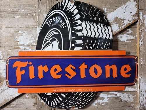 VINTAGE FIRESTONE PORCELAIN SIGN 36" OLD 1955 AUTOMOBILE TIRES CAR ...