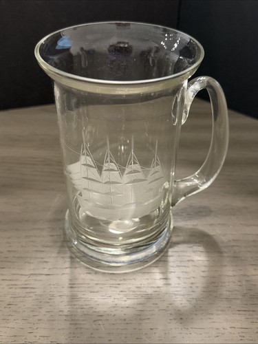Vintage Etched Glass Tankard Stein Mug Clipper Schooner Ship Romania ...