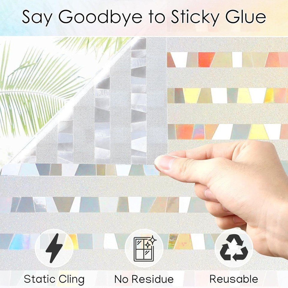 rabbitgoo Stripe Window Film Decorative Rainbow Static Cling Stained 3D ...