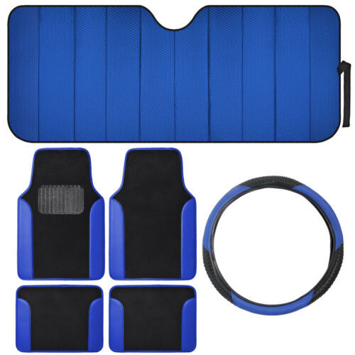 Blue 2-Tone Carpet Floor Mats + Steering Wheel Cover + UV Sun Shade ...