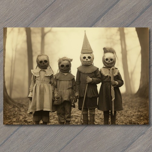 POSTCARD Weird Creepy Vintage Vibe Kids Masks Halloween Cult Unusual ...