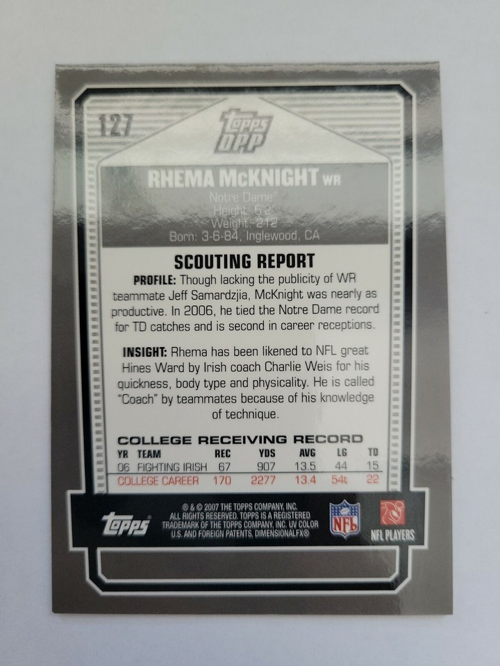 Rhema McKnight 2007 Topps DPP Black Rookie Card #127 NM-M | eBay