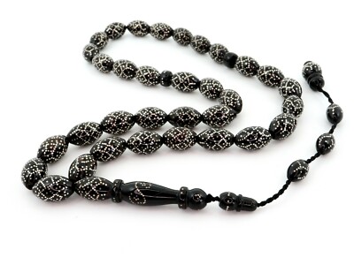 925 Silver inlaid Yusr Black Coral 33 Islamic Tespih Misbaha Tasbih ...