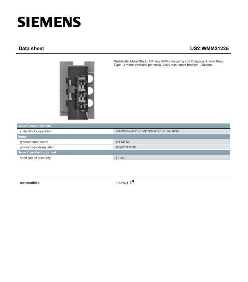 Siemens Power Mod 3 Gang Meter Stack WMM31225 1PH IN 1PH OUT NEW 225amp ...