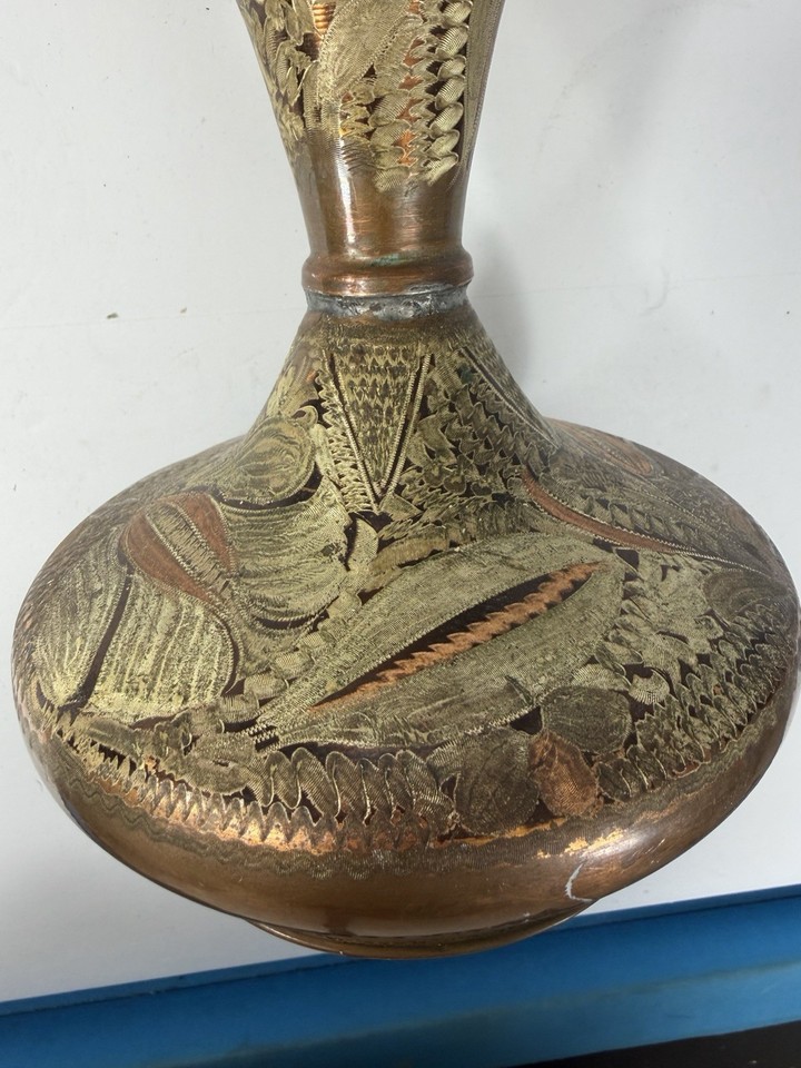 Vintage Handmade Copper Vase With Brass Accents And Floral Etching ...
