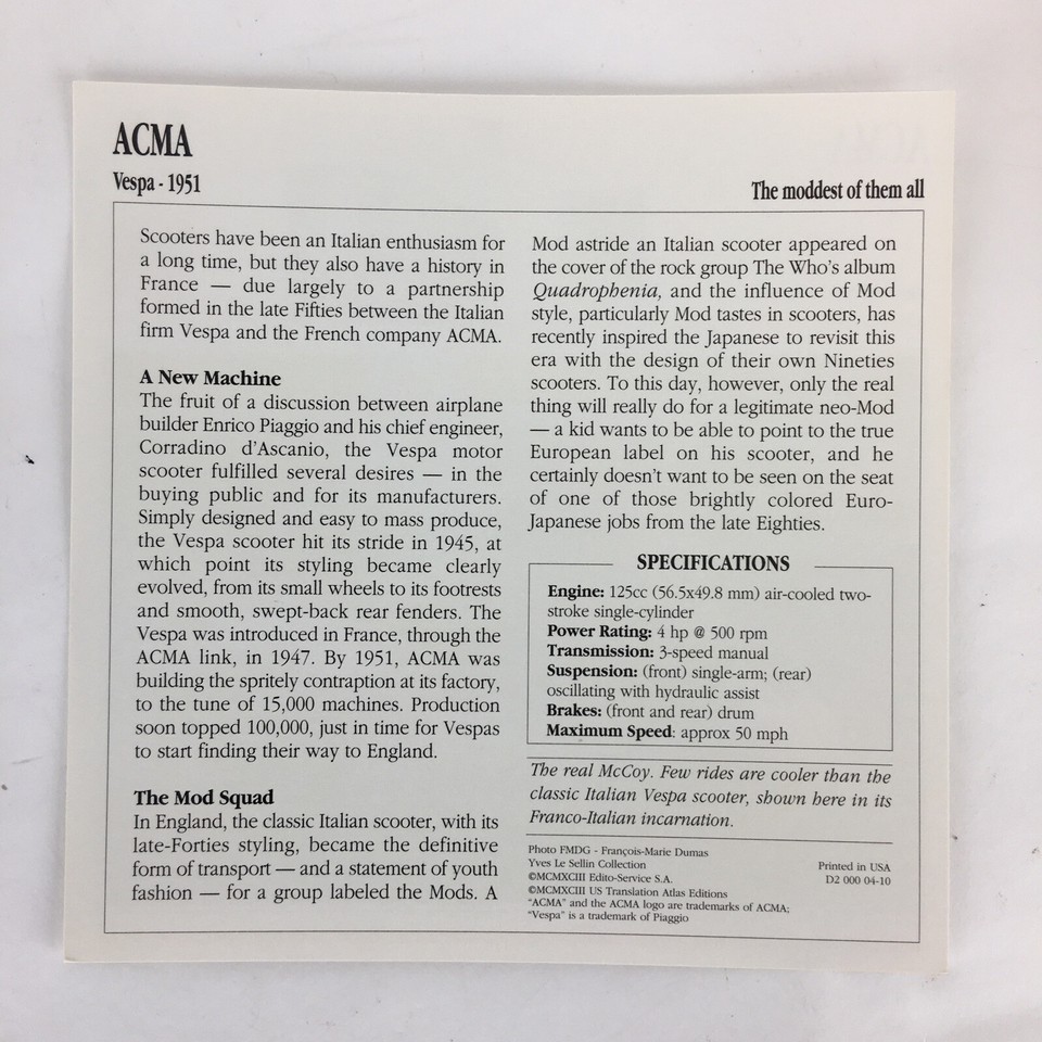 ACMA Vespa - 1951 Spec Sheet Info Card | eBay