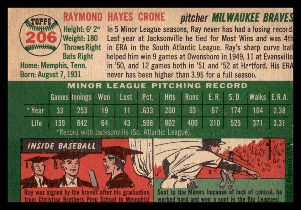 1954 Topps Ray Crone #206 Milwaukee Braves Baseball Card | eBay