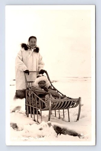 Inuit Mother w "Baby Buggy" Sleigh RPPC Vintage Alaska Indian Photo ...