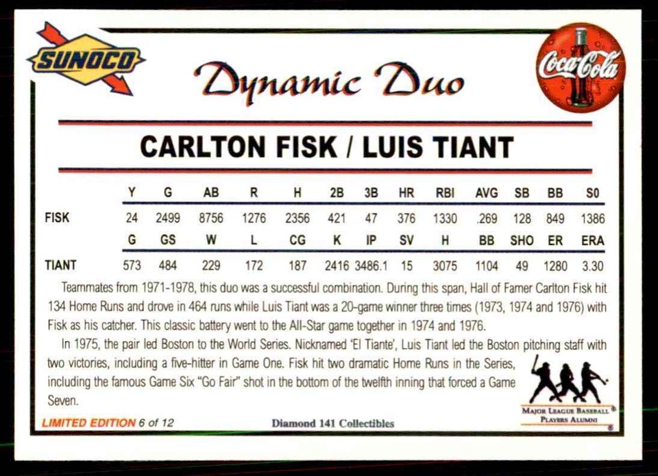 2001 Sunoco Dream Team Calton Fisk/Luis Tiant 101 Baseball Cards #6 OF ...