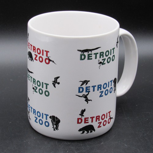 Detroit Zoo Mug, White with Multi-Color Repeating Text, Black Animal ...