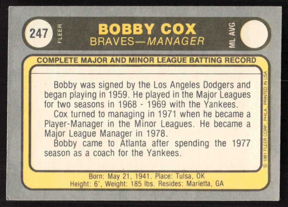 Bob Cox #247 1981 Fleer Atlanta Braves | eBay