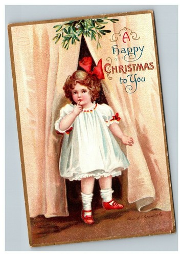 Vintage 1910's Ellen Clapsaddle Christmas Postcard Cute Child Red Bow ...