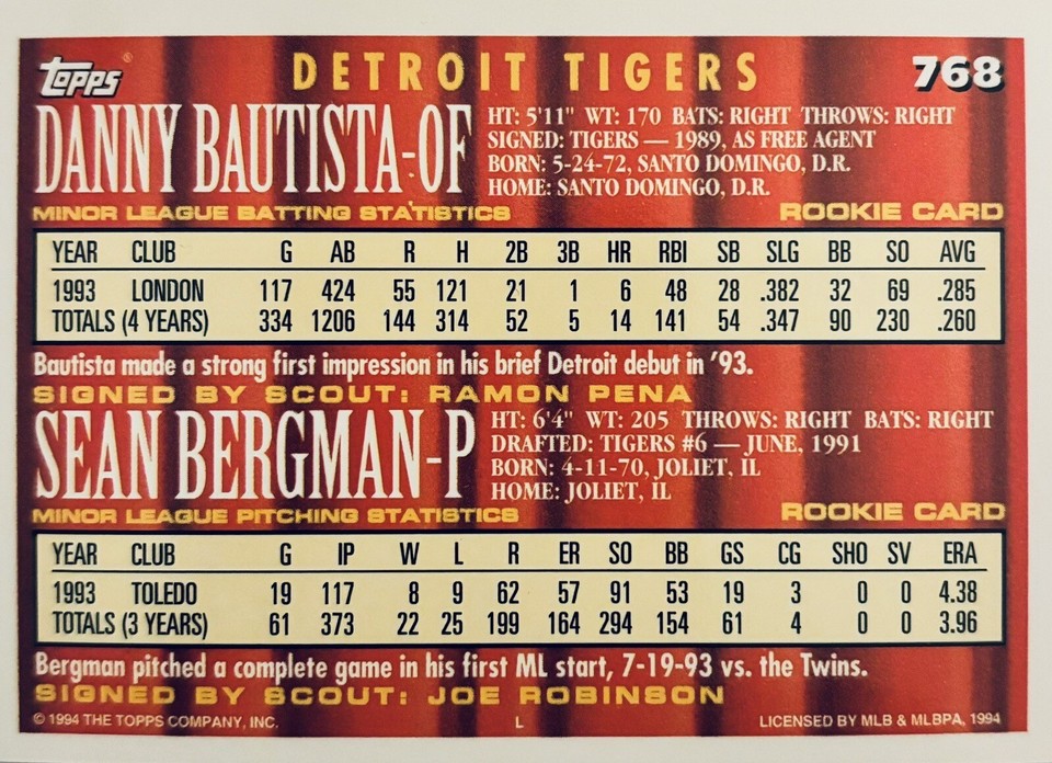 Brand New: Vintage 1994 topps Danny Bautista/Sean Bergman Detroit ...