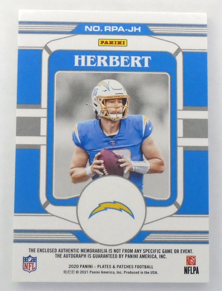 2020 JUSTIN HERBERT #'d /99 Panini Plates & Patches RPA Rookie Patch ...