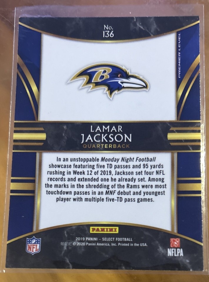 Lamar Jackson 2019 Panini Select Premier Level #136 Ravens 2nd Yr Card ...