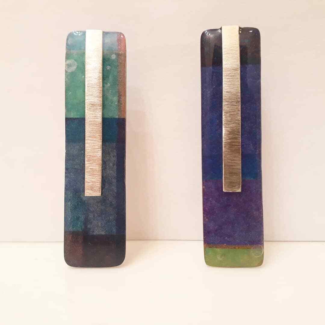 Color Tissue Paper Resin Captured 950 Silver Posts Rectangular Earrings ...
