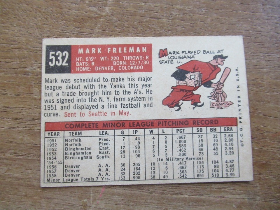 1959 TOPPS MARK FREEMAN #532 ROOKIE CARD ATHLETICS HI GRADE NO CREASES ...