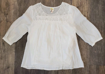 Fig & Flower Top Embroidered White Sz M Long Sleeve Boho Eyelet Tunic ...