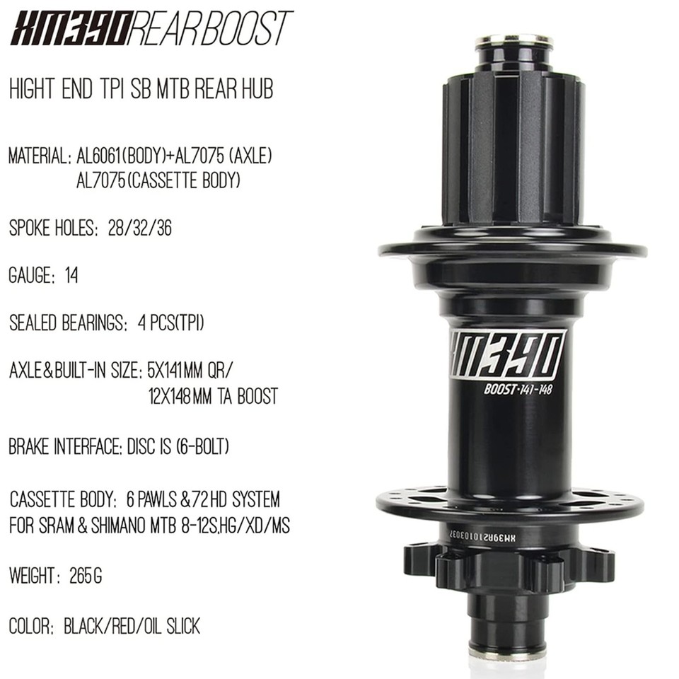 XM390 Boost MTB Rear Hub 32 Hole 12x148mm,HG/XD/MS for Shimano 8-12 ...