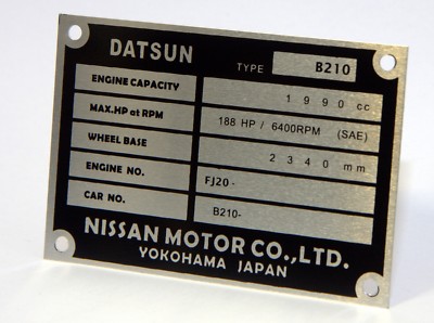 Datsun 120Y B210 with A12 A14 or FJ20 chassis plate ID tag blank | eBay