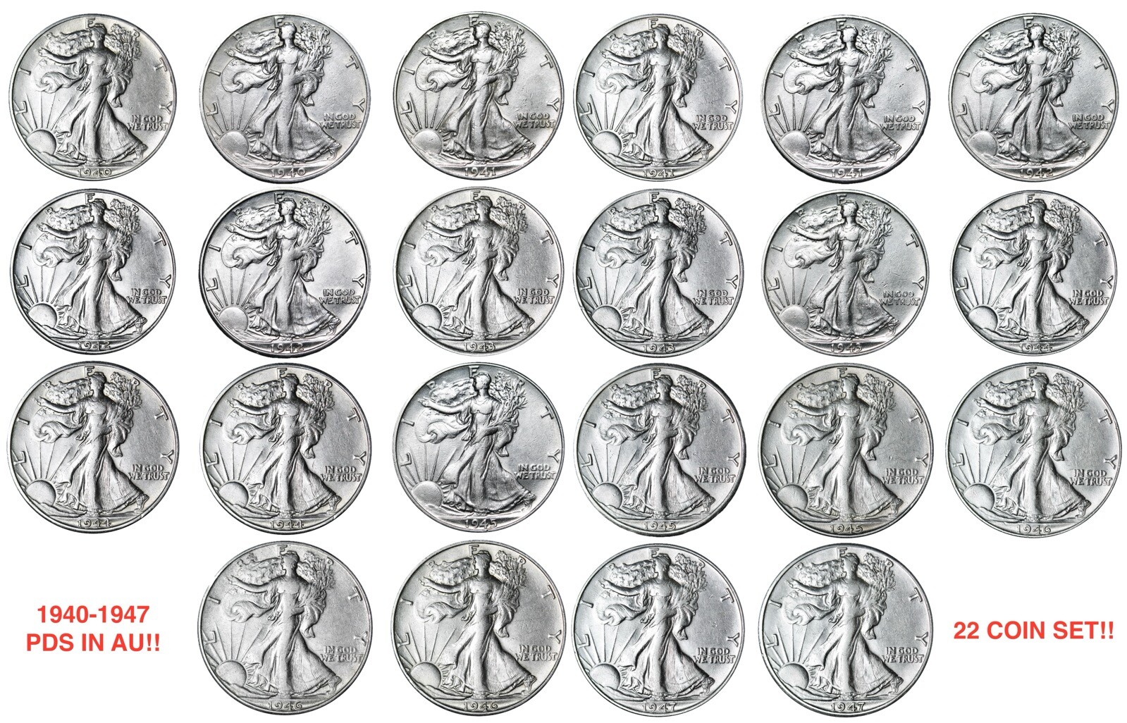 1940-1947 PDS Short Set Walking Liberty Half Dollar 22 AU Coins!! | eBay
