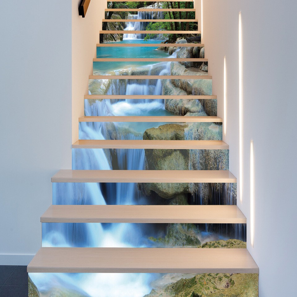13Pcs 3D Waterfall Rock Patterns Stair Sticker Self-adhesive Staircase ...